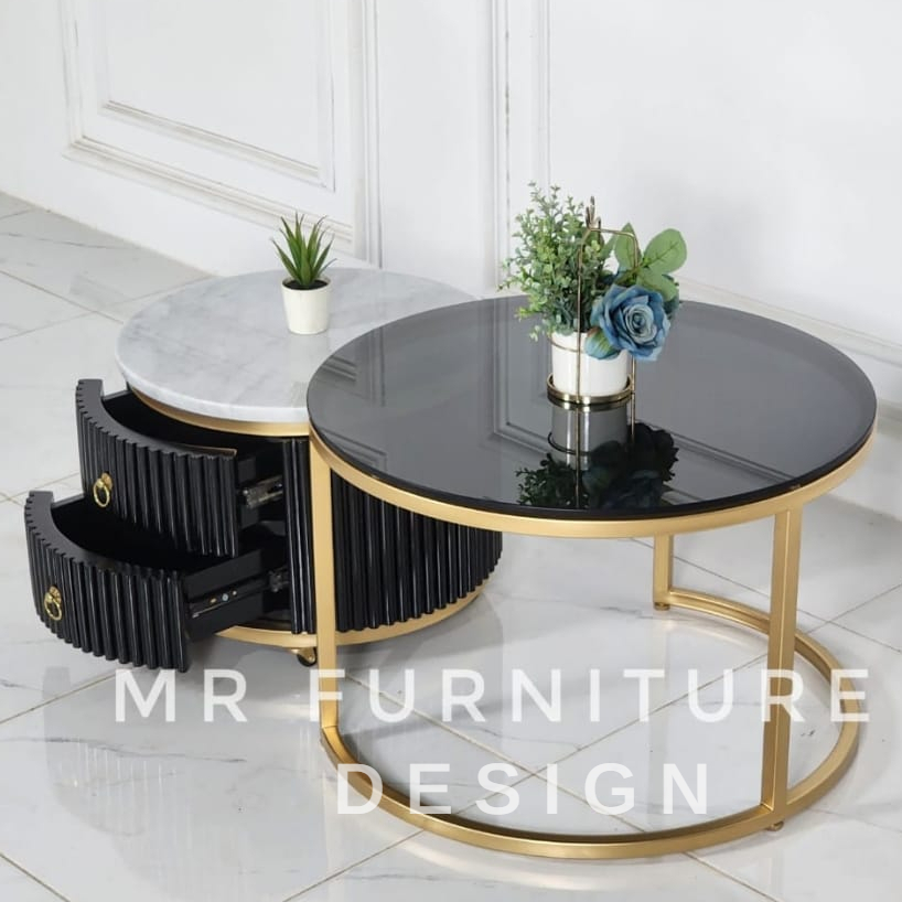 Jual meja nesting roda kaki gold duco hitam marmer putih dan kaca hitam ...