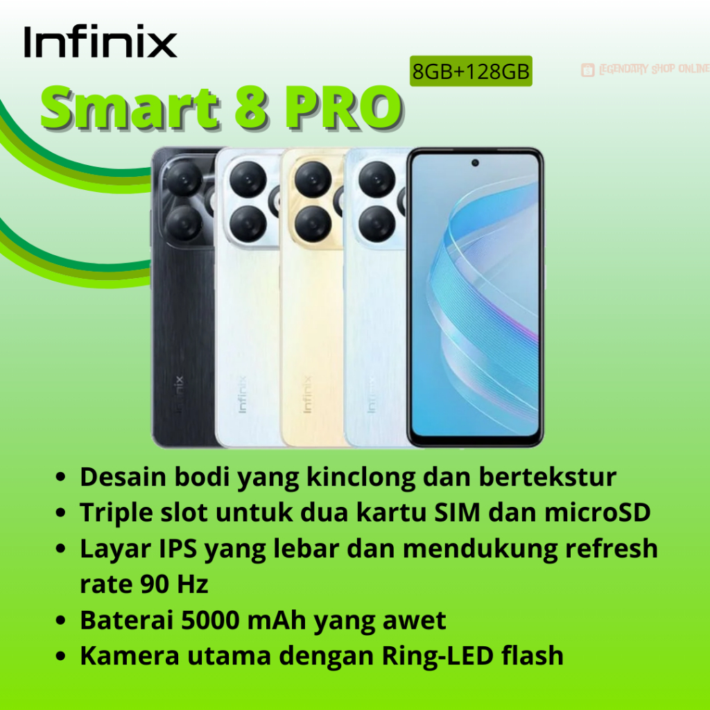 Jual Infinix Smart 8 Pro 8/128GB- Up to 16GB Extended RAM - 6.6" 90Hz Puch Hole Display - Helio ...