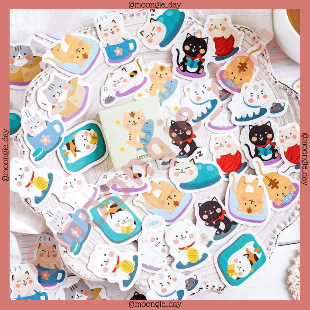 Jual 45 PCS/BOX STIKER KERTAS TEMA CUTE CAT WITH FISH PLAY KUCING ...