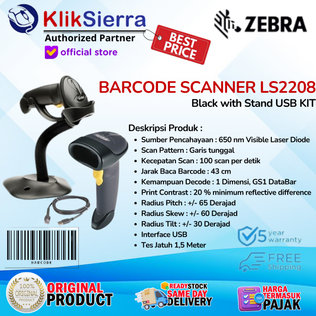 Jual ZEBRA LS-2208 Barcode Scanner Symbol LS2208 Motorola USB 1Dimensi ...