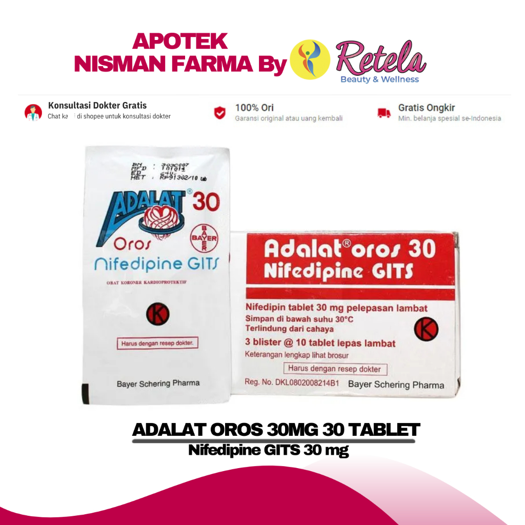 Jual ADALAT OROS 30MG 1 BOX ISI 30 TABLET ( NIFEDIPINE GITS 30 MG ) | Shopee Indonesia