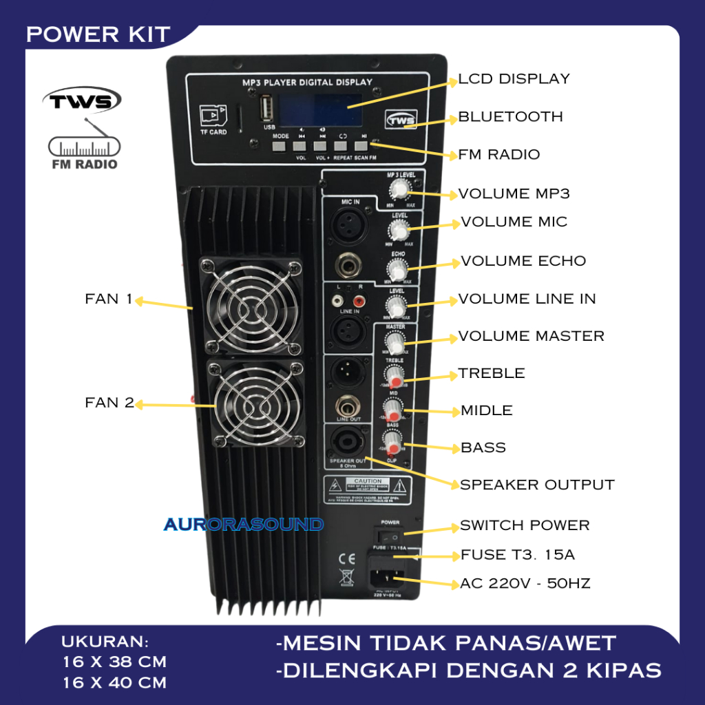 Jual POWER KIT DOUBLE FAN MESIN KIT SPEAKER AKTIF SD USB BLUETOOTH 500 ...