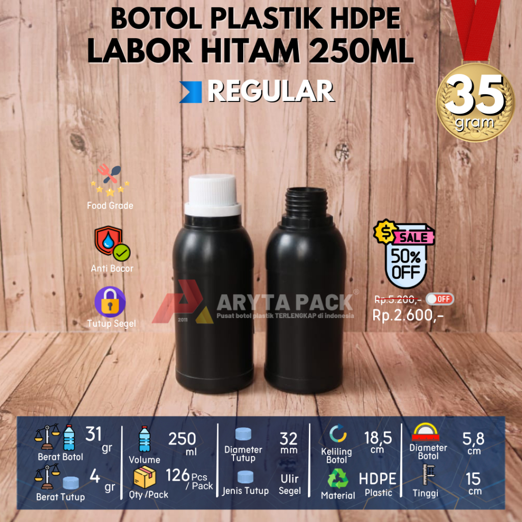 Jual Botol plastik HDPE 250ml labor agro hitam minuman madu kimia handsanitizer tutup warna ...