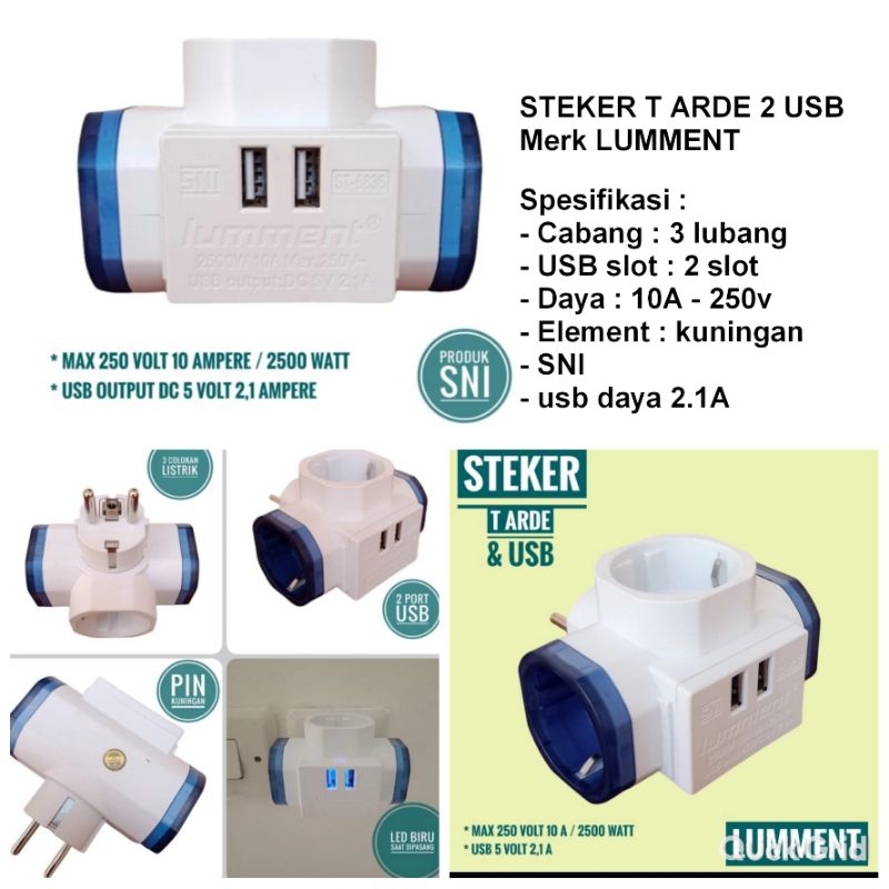 Jual Steker T Arde + USB 2 Port LUMMENT/Colokan T USB | Shopee Indonesia