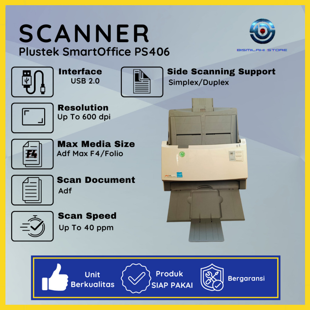 Jual Scanner F4 Plustek Smart Office PS406 Bisa Scan Simplex Hingga 40 ...