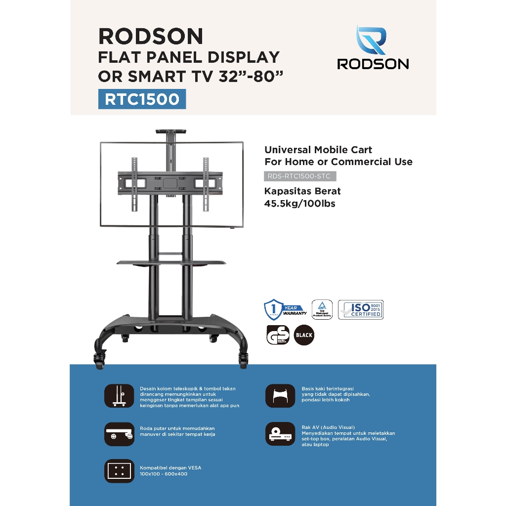Jual Rodson RTC1500 Bracket standing tv 32 - 80 inch universal mobile ...