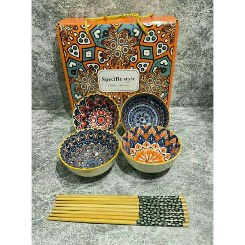 Jual mangkuk keramik set ( 4 mangkuk + 4 set sumpit kayu) | Shopee ...