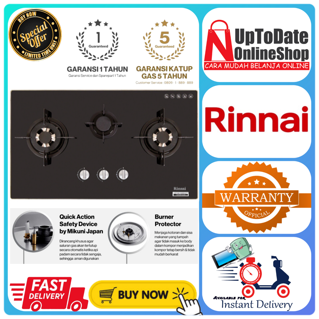 Jual KOMPOR RINNAI RB-713N(GB) RB713N GB KOMPOR TANAM 3 TUNGKU TEMPERED GLASS BIG FLAME RINNAI ...