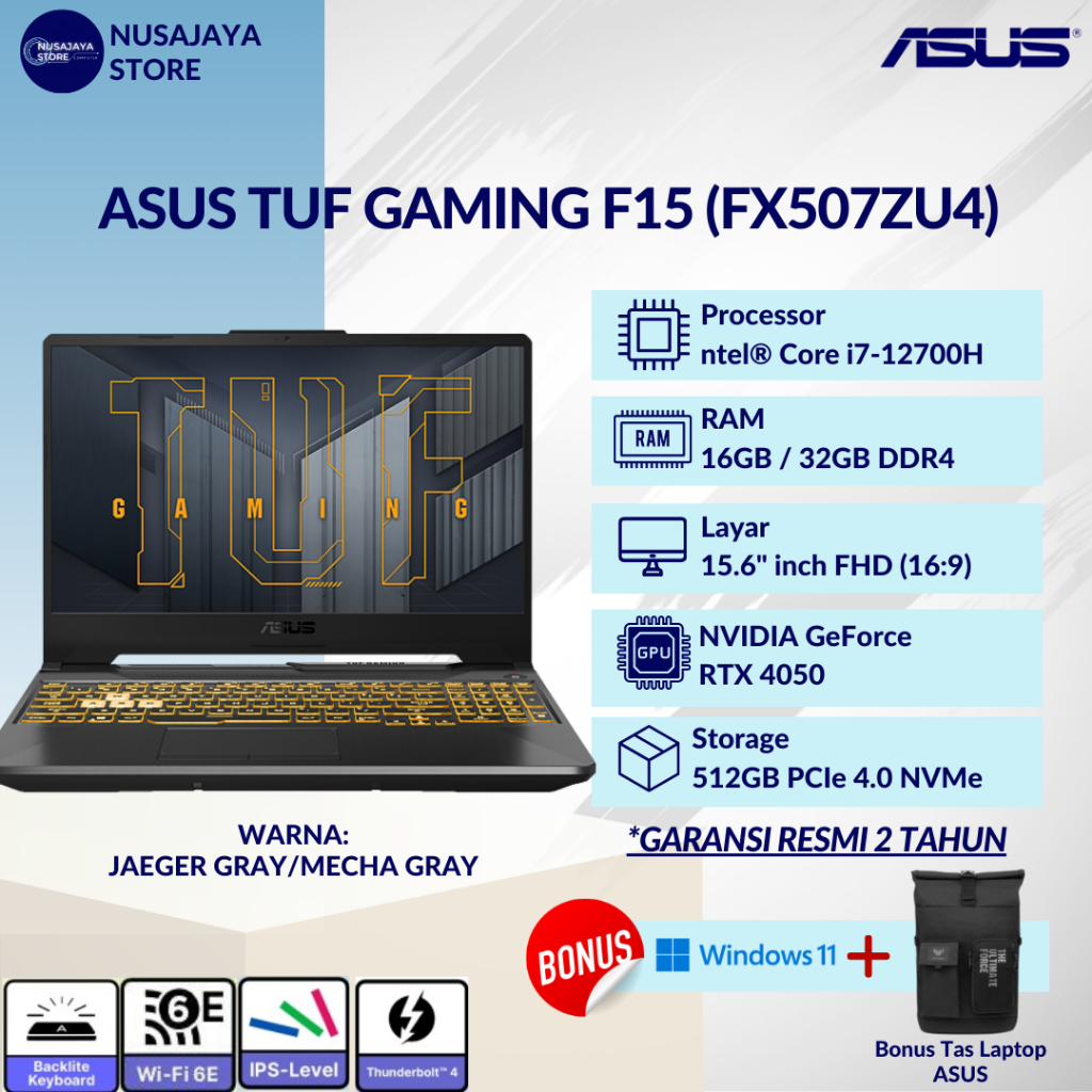 Jual ASUS TUF GAMING F15 FX507ZU4 i7-12700H 16GB 512GB RTX4050 6GB OHS W11 | Shopee Indonesia