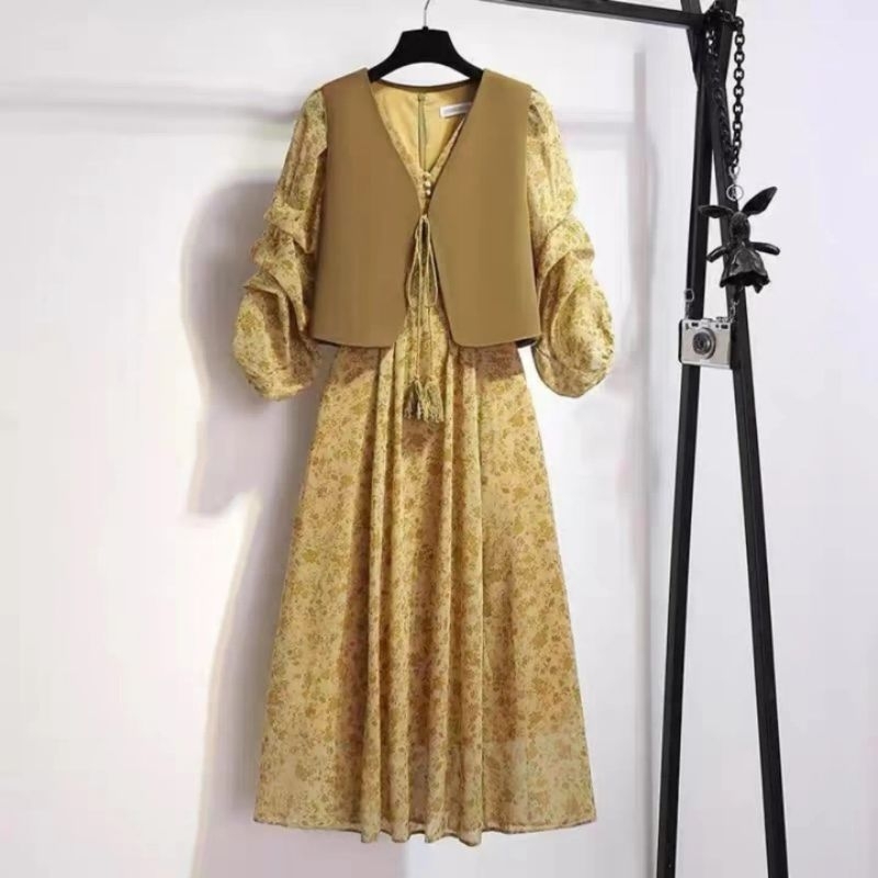 Jual Set Midi Dress Rompi Premium Import Khaki Bunga (FCOTI1233 ...