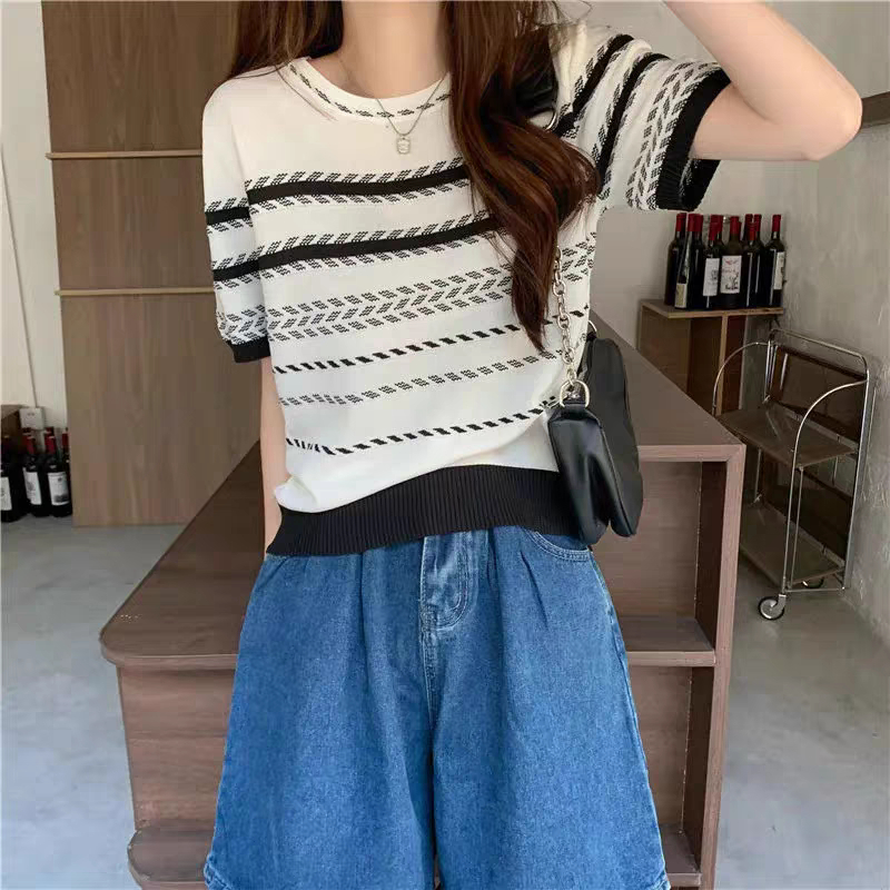 Jual Kaos Rajut Lengan Pendek Wanita Striped T-shirt Knit Korean Style Baju Atasan Wanita ...
