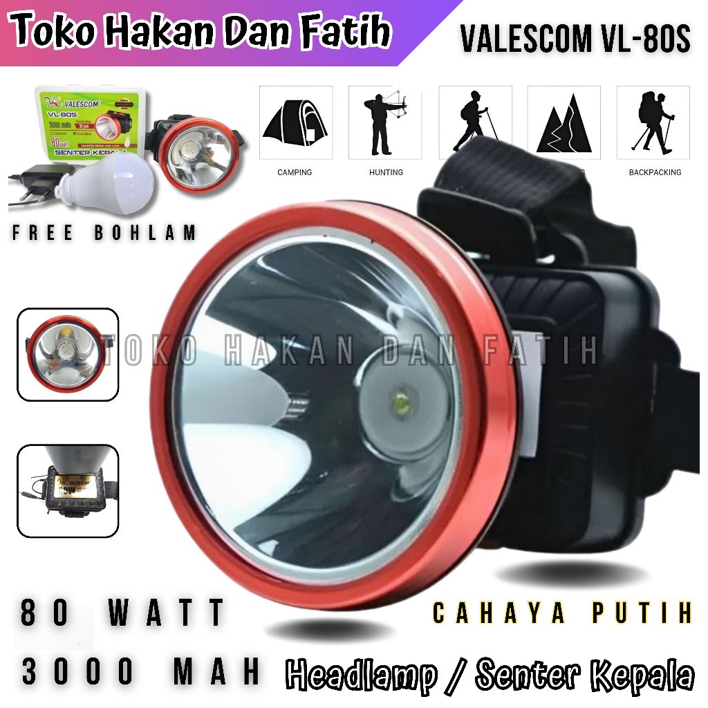 Jual Senter Kepala 80Watt LED VALESCOM Free bohlam DC Headlamp 80Watt LED Senter kepala 80W LED ...
