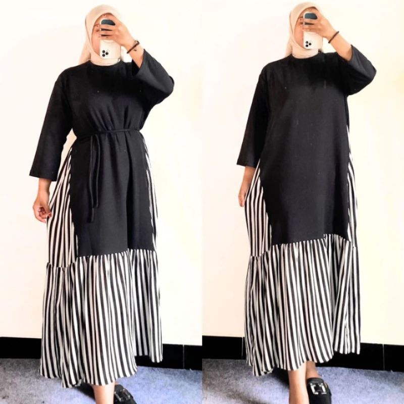 Jual Midi Dress Knit Mix Rayon Salur Premium - Gamis Midi Dress Kekinian - Gamis bahan Knit Mix ...