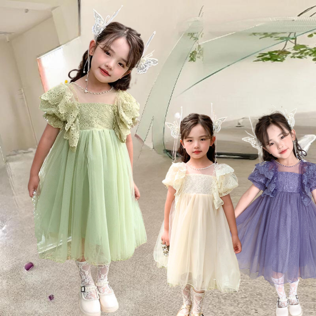 Jual [MAMASILO] Cassie Dress Anak Perempuan Brukat Renda Lengan Puff ...