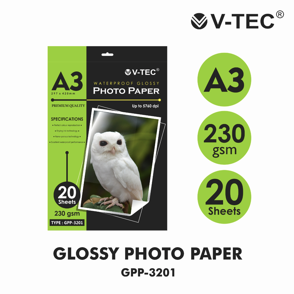 Jual Kertas Foto V-TEC A3 230g 20's GPP-3201 ( Glossy Photo Paper ) | Shopee Indonesia