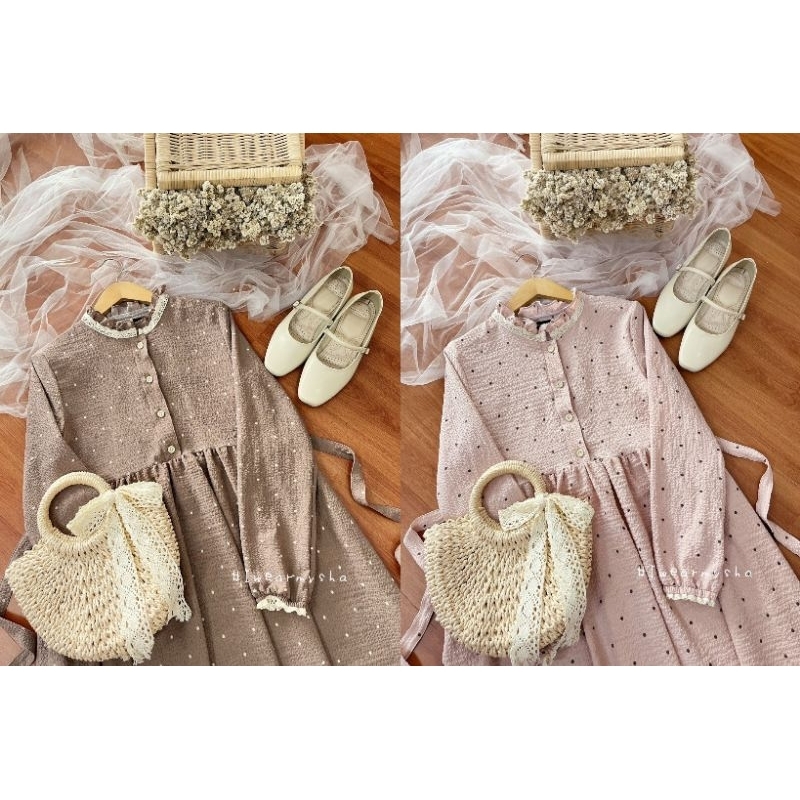 Jual EMILY DRESS : DOT CHOCO PINK , DOT MOCCA | Shopee Indonesia