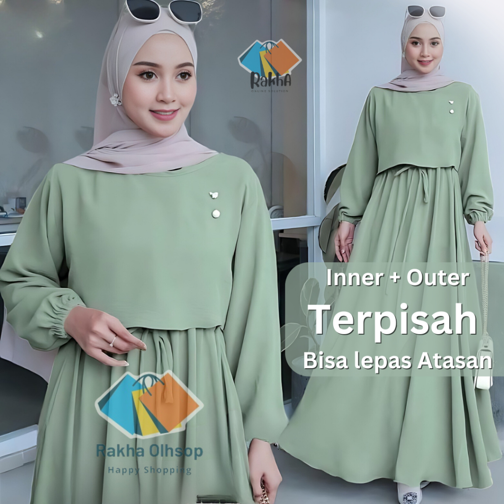 Jual NAFISA maxy set 2in1 inner + outer crop setelan gamis polos ...