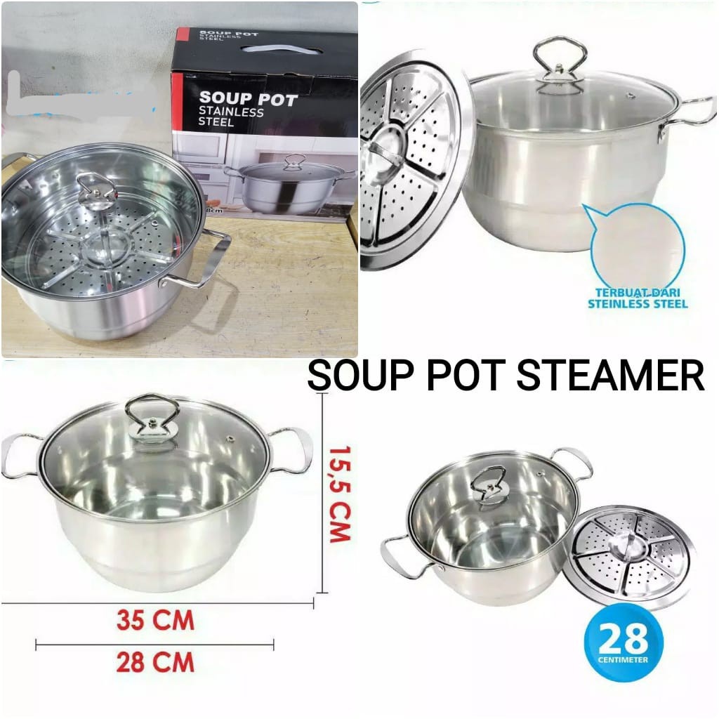 Jual Panci Streamer Tutup Kaca Stainless Steel 28Cm Soup Pot | Shopee ...