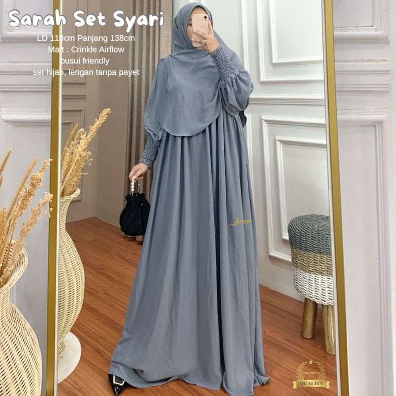 Jual Sarah Set Syar'i Hijab Pashmina Crinkle Airflow - Dress Lengan ...