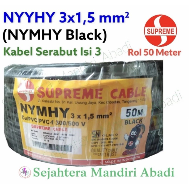 Jual Kabel NYYHY 3x1,5 mm Supreme Rol 50 Meter Kabel Serabut Isi 3 Core Kulit Hitam | Shopee ...