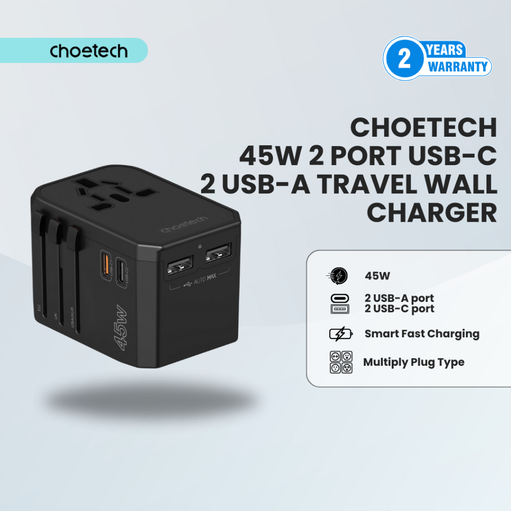 Jual Choetech PD45W 2 PORT USB-C+2 PORT USB-A Super Fast Travel Wall ...