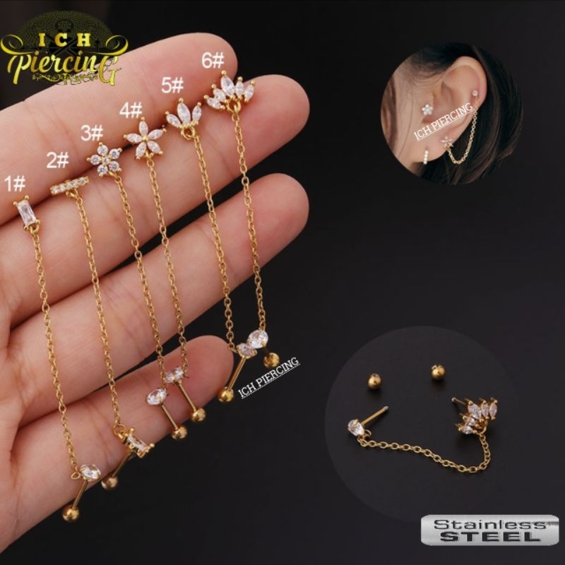 Jual ICH anting earlobe rantai terbaru stainles steel warna gold ...