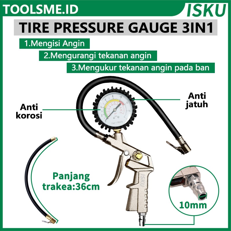 Jual Isku Tire inflator Air Pressure Gun Isi Ukur Tekanan angin 3 in 1 ...