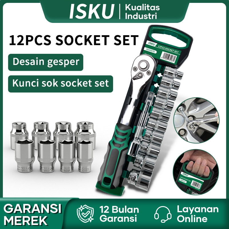 Jual ISKU kunci shock set 12Pcs kunci Ratchet 1/4 Inch 8-24mm Mata Sok ...