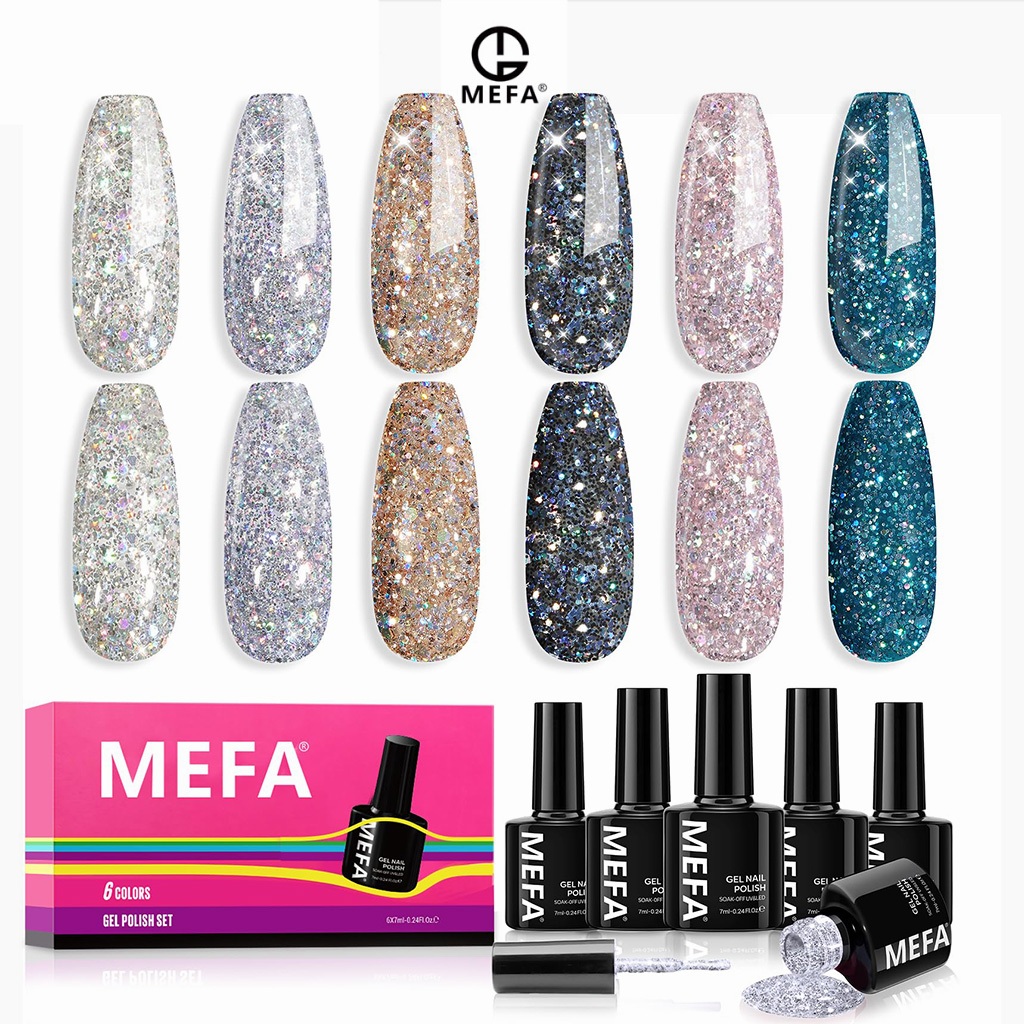Jual MEFA Glitter Nail Polish Set 6 Colors, Chrome Platinum Sparkly ...