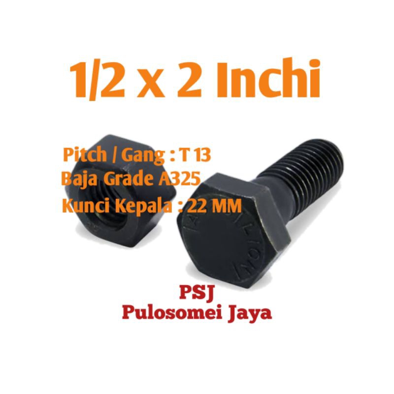 Jual Baut Mur Baja A325 1/2 x 2 Inchi - Gang T13 + Mur 2H | Shopee ...