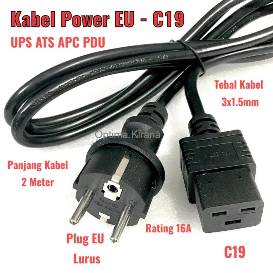 Jual Kabel Power Cord UPS PDU APC ATS EU to C19 Plug Schuko Lurus 2M ...
