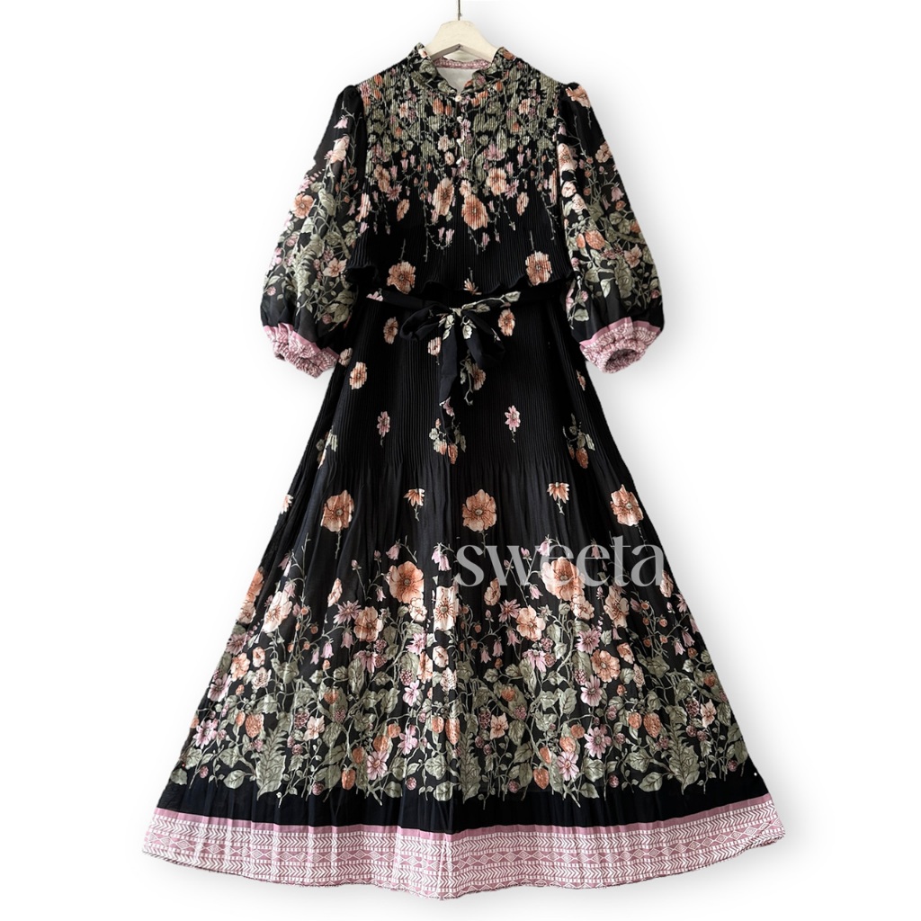 Jual Sweeta Midi Dress Plisket Double Layer Lengan Balon Ld 105cm Ceruty Full Furing