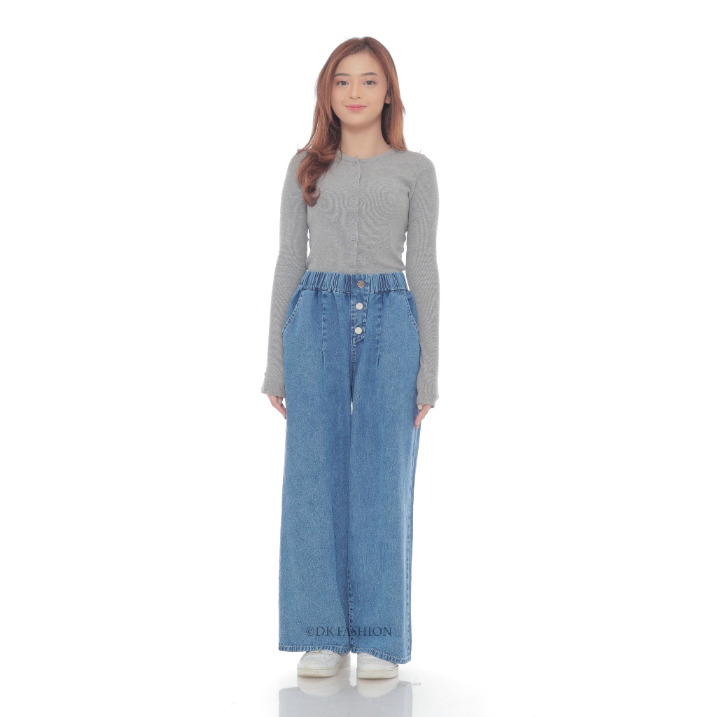 Jual Celana Jeans Wanita Kulot Highwaist Wide Leg Denim Elastic Waist ...
