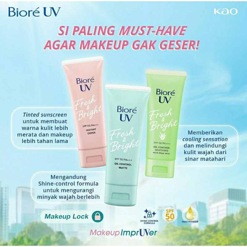 Jual Biore UV Fresh & Bright Sunscreen Spf 50 PA+++ 30 ml | Shopee Indonesia