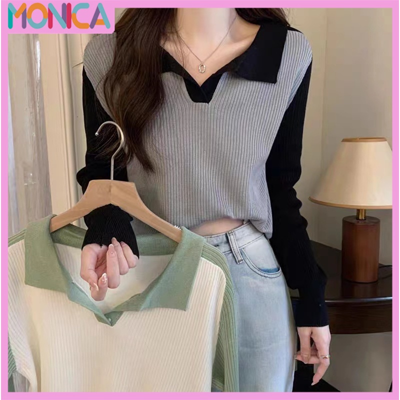 Jual Monica Kaos kerah polo rajutan lengan panjang desain baru/kerah v | Shopee Indonesia