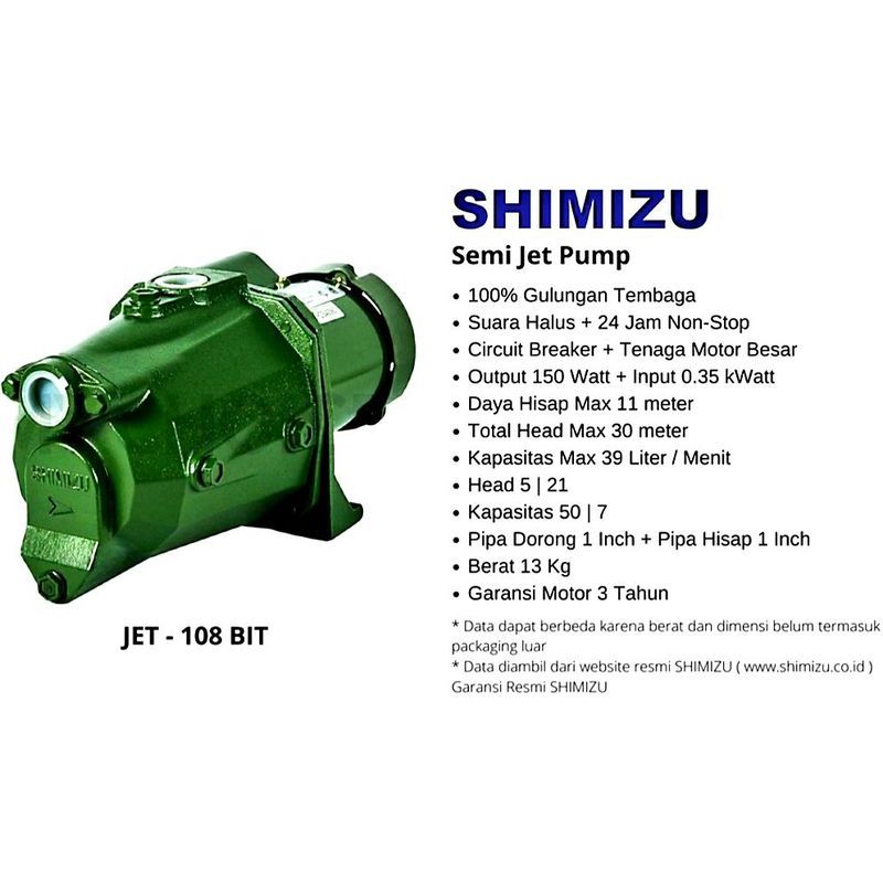 Jual Pompa Shimizu Semi Jet Pump JET 108 BIT / Pompa Air Pendorong Booster Otomatis Shimizu PB ...
