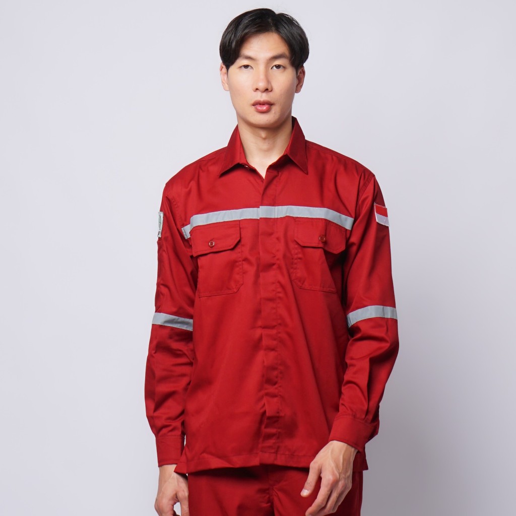 Jual Baju Seragam Proyek Merah Bengkel Teknisi Mekanik Kemeja safety ...