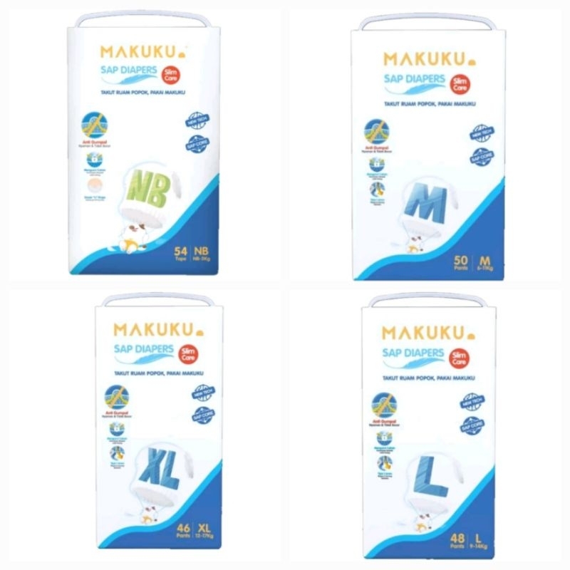 Jual MAKUKU SAP DIAPERS SLIM CARE,( Tape NB54, Pants M50, L48,XL46 ...