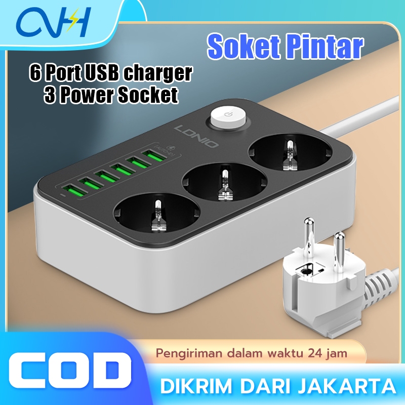 Jual Stop Kontak LDNIO 3 Power Socket 6 USB Charging Anti Static Charger HP 3 Socket Power Strip ...