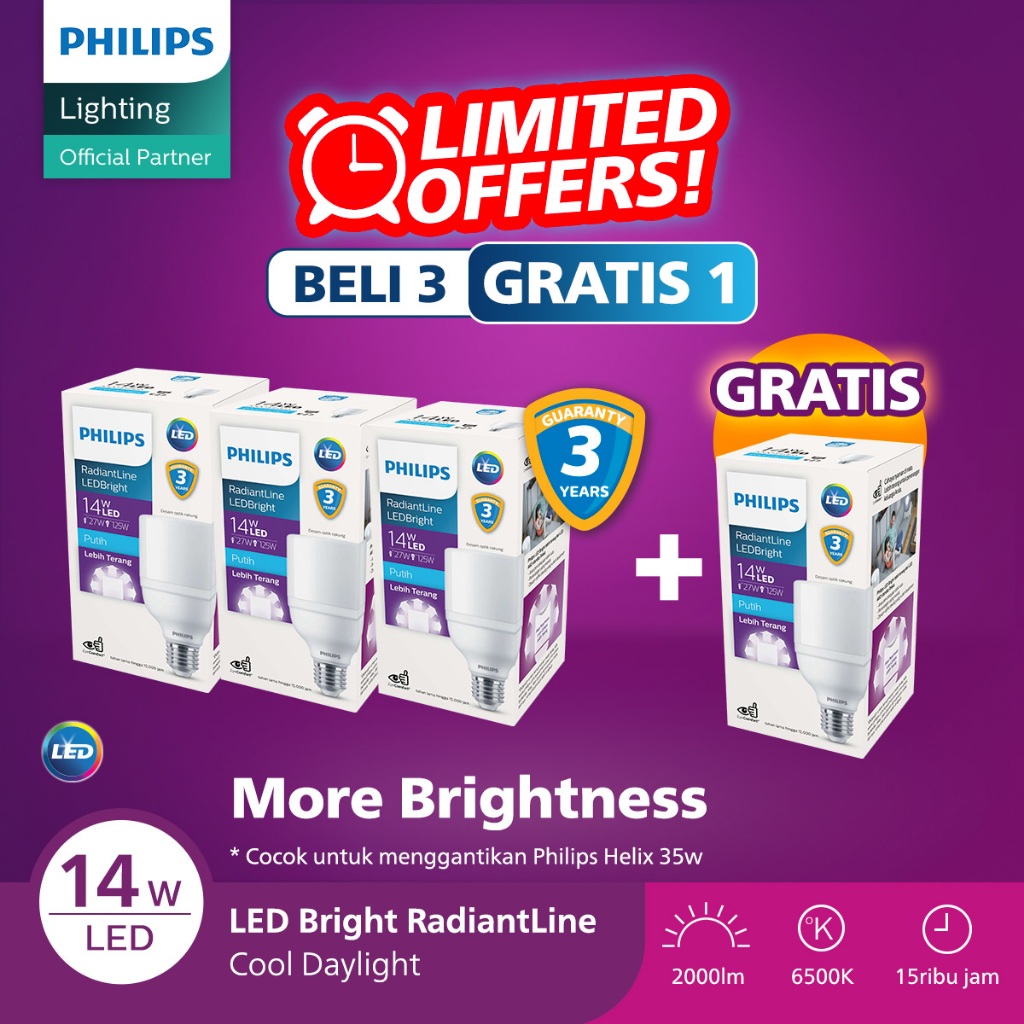 Jual Beli 3 Gratis 1 Philips Lampu Radiantline LEDBright 14W 6500K ...