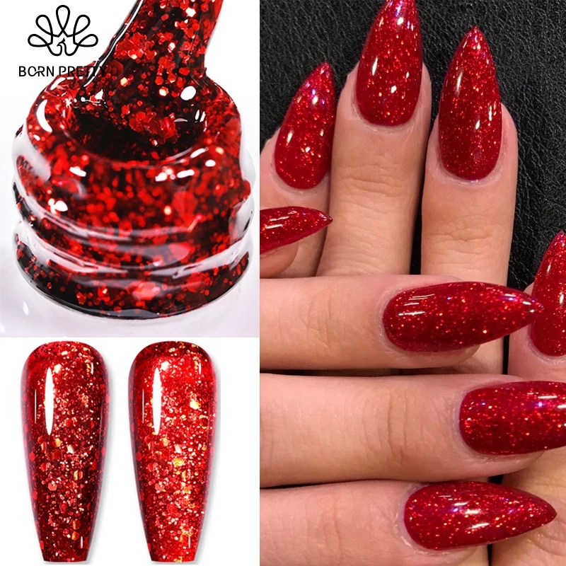 Jual BORN PRETTY Red Glitter Gel Polish Color 10ml Cahaya Merah Warna ...