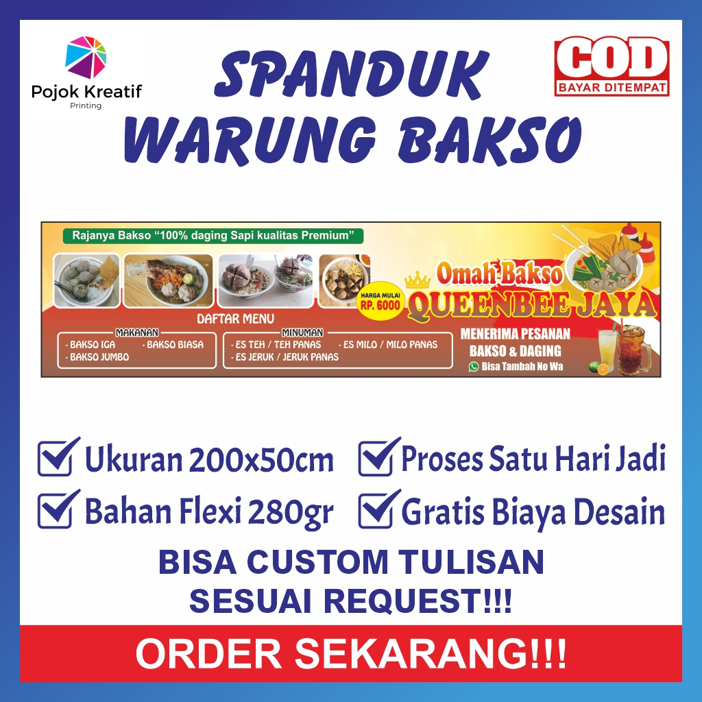 Jual SPANDUK BANNER PROMOSI JUALAN MAKANAN WARUNG BAKSO BASO 200x50cm ...
