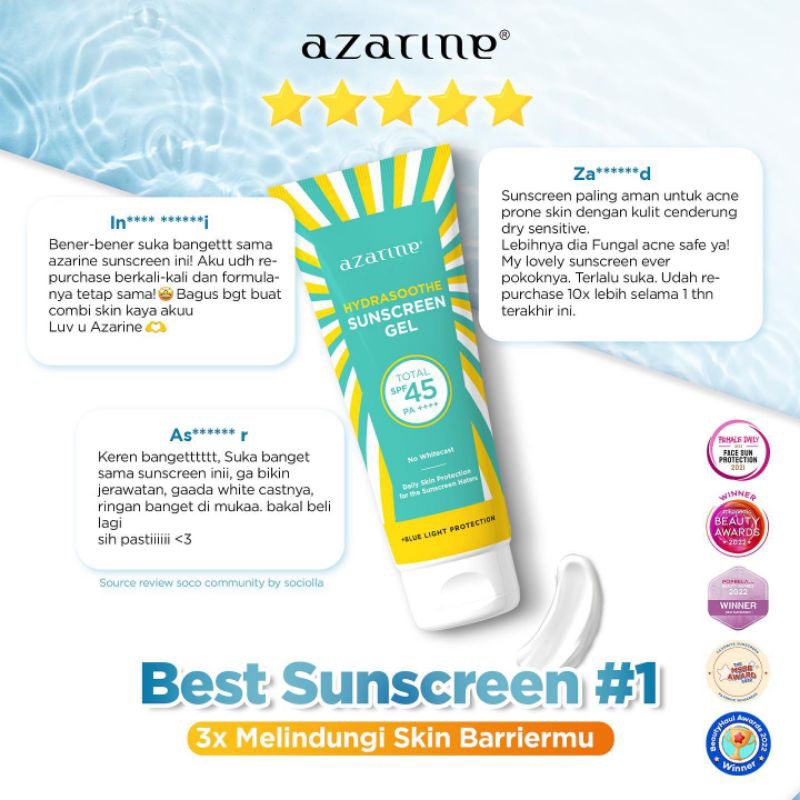 Jual Azarine Hydrasoothe Sunscreen Gel SPF 45 PA++++ size 50 ml ...