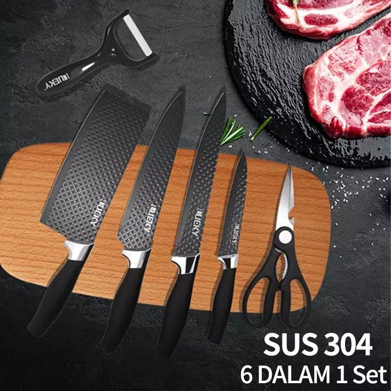 Jual SUS 304 Piasu Dapur Black Diamond Knives Set 6 in 1 / Knife Set ...