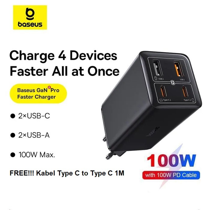 Jual Baseus Adaptor Charger Gan6 Pro 100W EU 2 Type C 2 USB Output ...