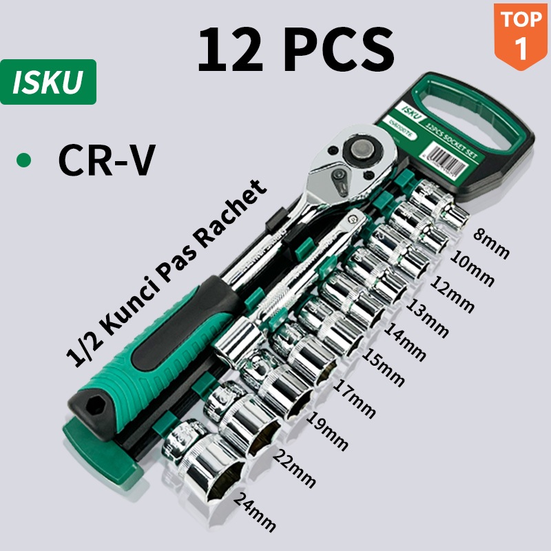 Jual ISKU Kunci Socket Ratchet 72gigi 12 pcs Kunci Pas Ratchet 1/2 inch ...