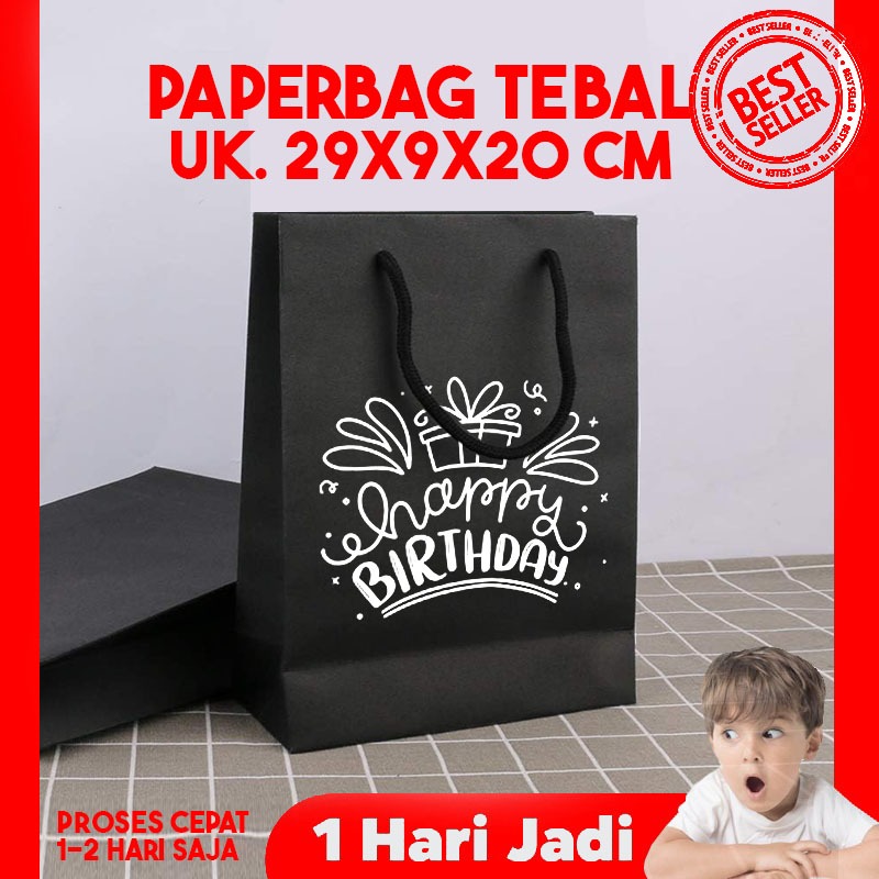 Jual (HITAM) Tas Kertas Ultah Jumbo 29x9x20 CM / Paper Bag Kado Ultah ...