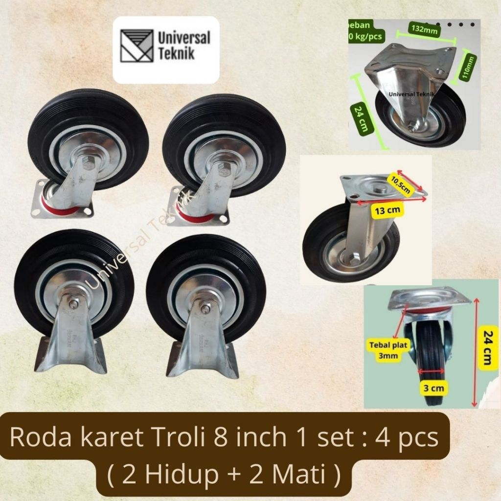 Jual Roda Troli Karet 8"inch 1 set : 4 pcs ( 2Hidup + 2 Mati ) Troly ...