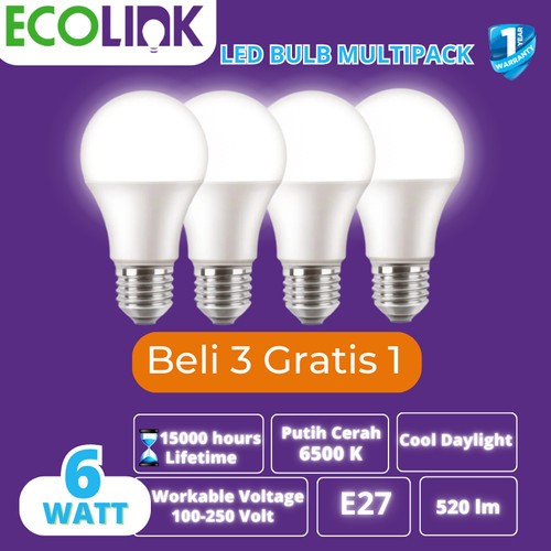 Jual Lampu Ecolink Beli 3 Gratis 1 LED Bulb Multipack 6W 6 watt Cahaya ...