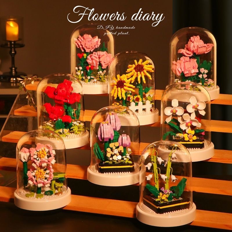 Jual (Dengan Lampu)DIY Buket Block Flowers Mawar/Bunga Blok Mainan ...